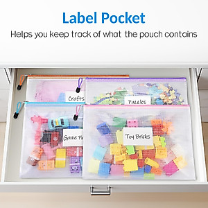 Sooez 20 Pack Zipper Pouch, Mesh Zipper Pouch with Label Pocket, Durable Pouches for Organization, Board Game Storage, Zipper Bag Waterproof, Document Bag Letter/A4