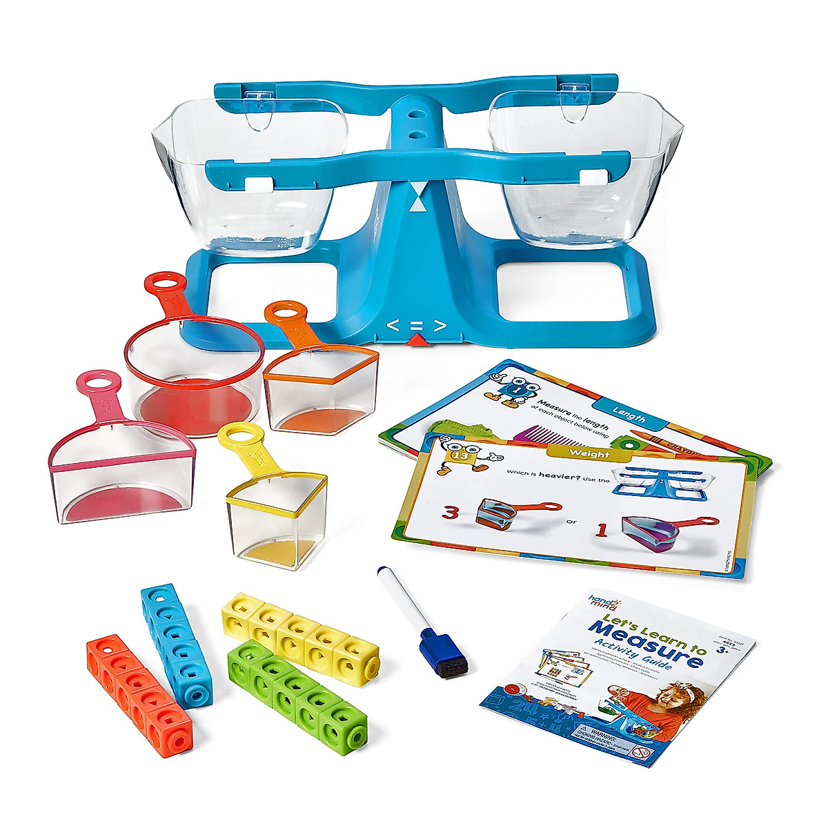 hand2mind Let's Learn to Measure Activity Set, Kids Measuring Cups, Bucket Balance, MathLink Cubes and Activity Cards Set, Teacher Supplies, Classroom Supplies, Preschool Learning, Toddler Learning