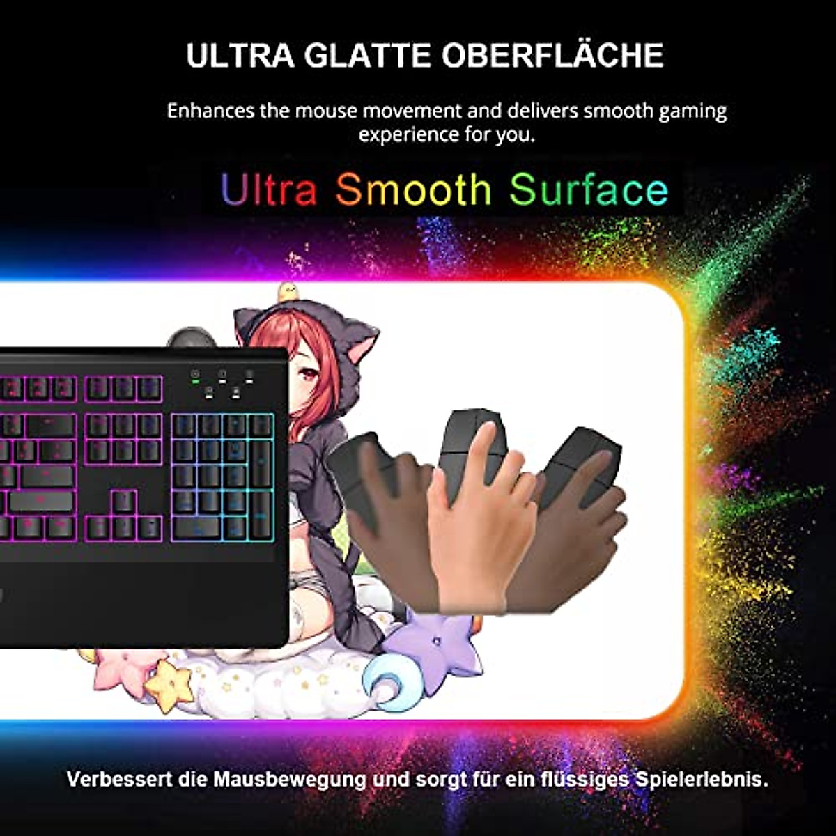 Mouse Pads Sexy Butt Anime Girl Gaming Mouse Pad RGB LED Durable Natural Rubber Base Cloth Surface Waterproof Mats RGB 35.43 inch x15.74 inch,A4