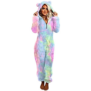 Aniywn Adult Fleece Onesie Pajamas for Women Tie Dye Print Costume Jumpsuit Romper Hoodie Jumpsuit Pajamas Homewear Pink