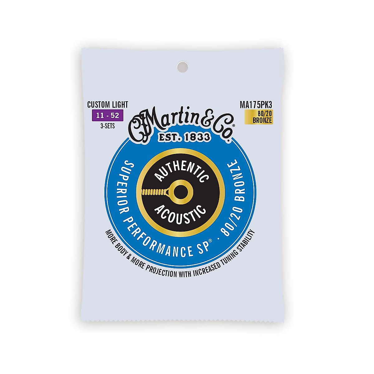 Martin Authentic Acoustic Guitar Strings, Superior Performance Custom Light 11-52, 80/20 Bronze, 3 Pack