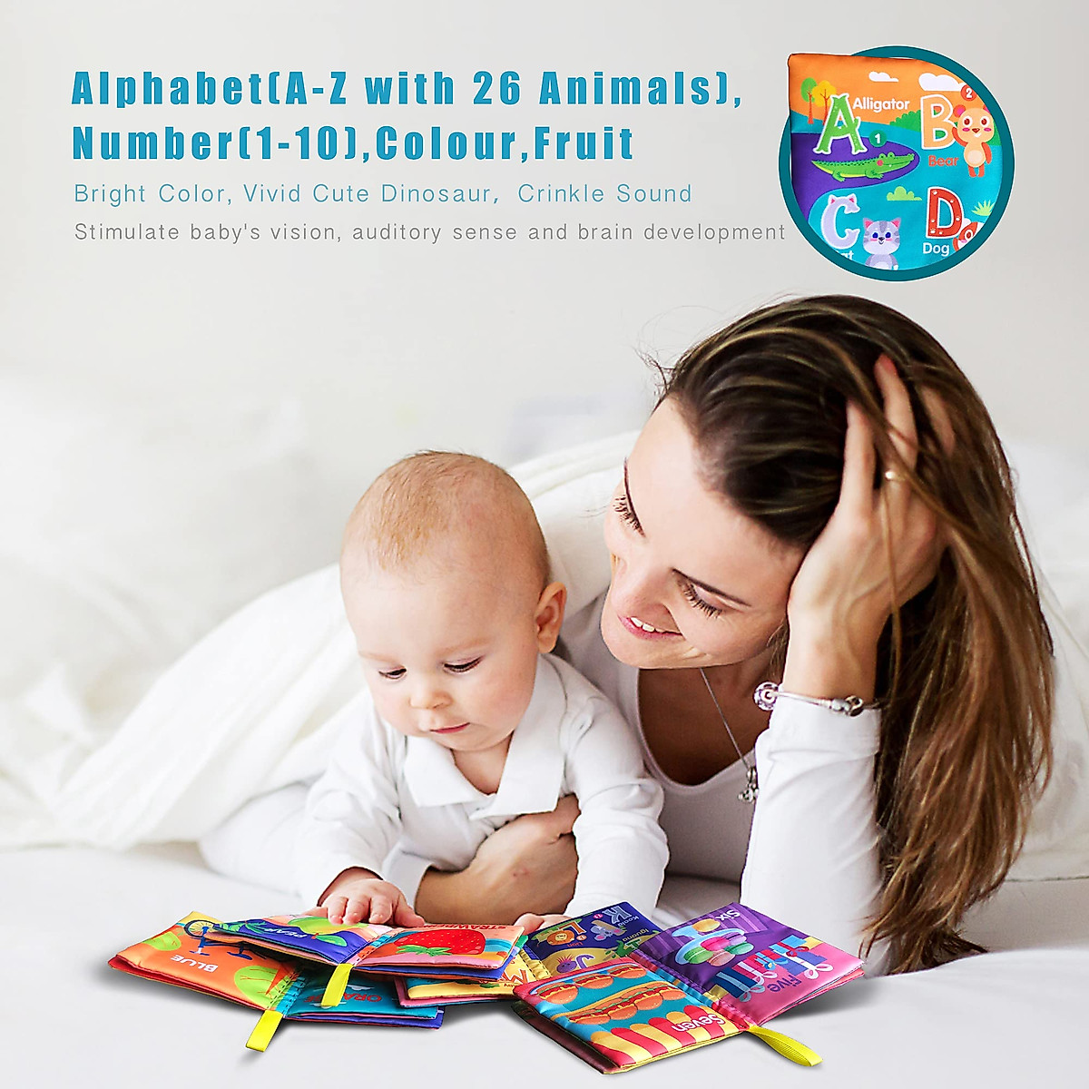 AMINFUN Soft Cloth Baby Book Toy 0-6 Months, Baby Learning Book(ABC-Z,1-10,Colour,Fruit,4 Pack),Touch and Feel Crinkle Book Infants 6-18 Months,Early Educational Toy 0-3, Gift for Babies Infants