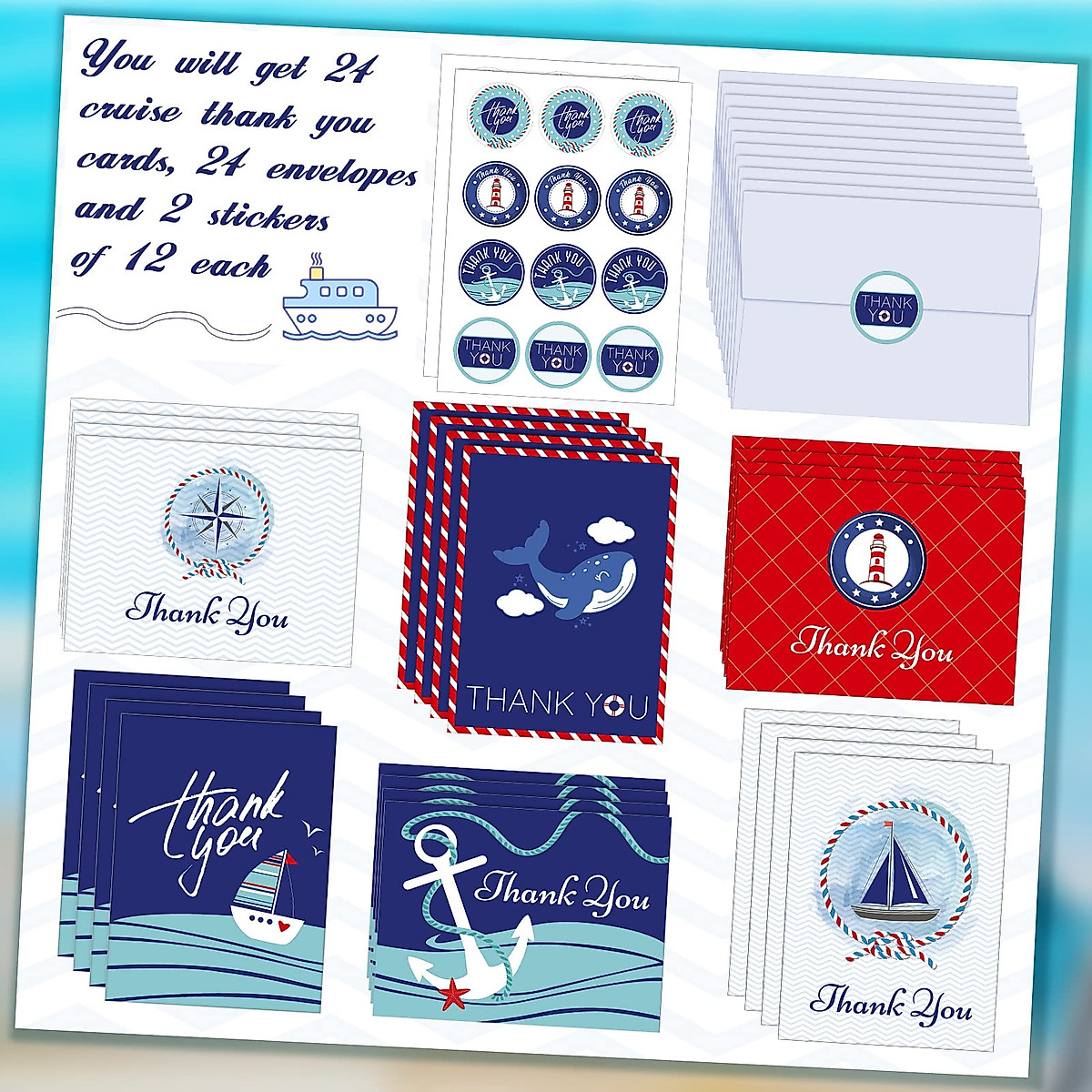 Hotop 24 Sets Cruise Thank You Cards for Ship Crew, Blank Inside Nautical Appreciation Note Cards Set with Envelopes and Stickers
