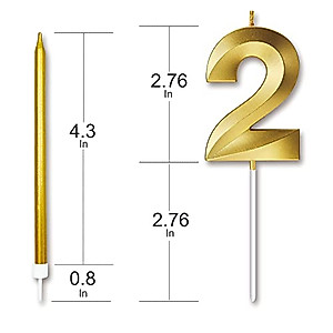 Comluge 5.5 Inch Gold Number 2 Birthday Candle 12 Pcs 5.2 Inch Gold Tall Long Birthday Candles (2, Gold)