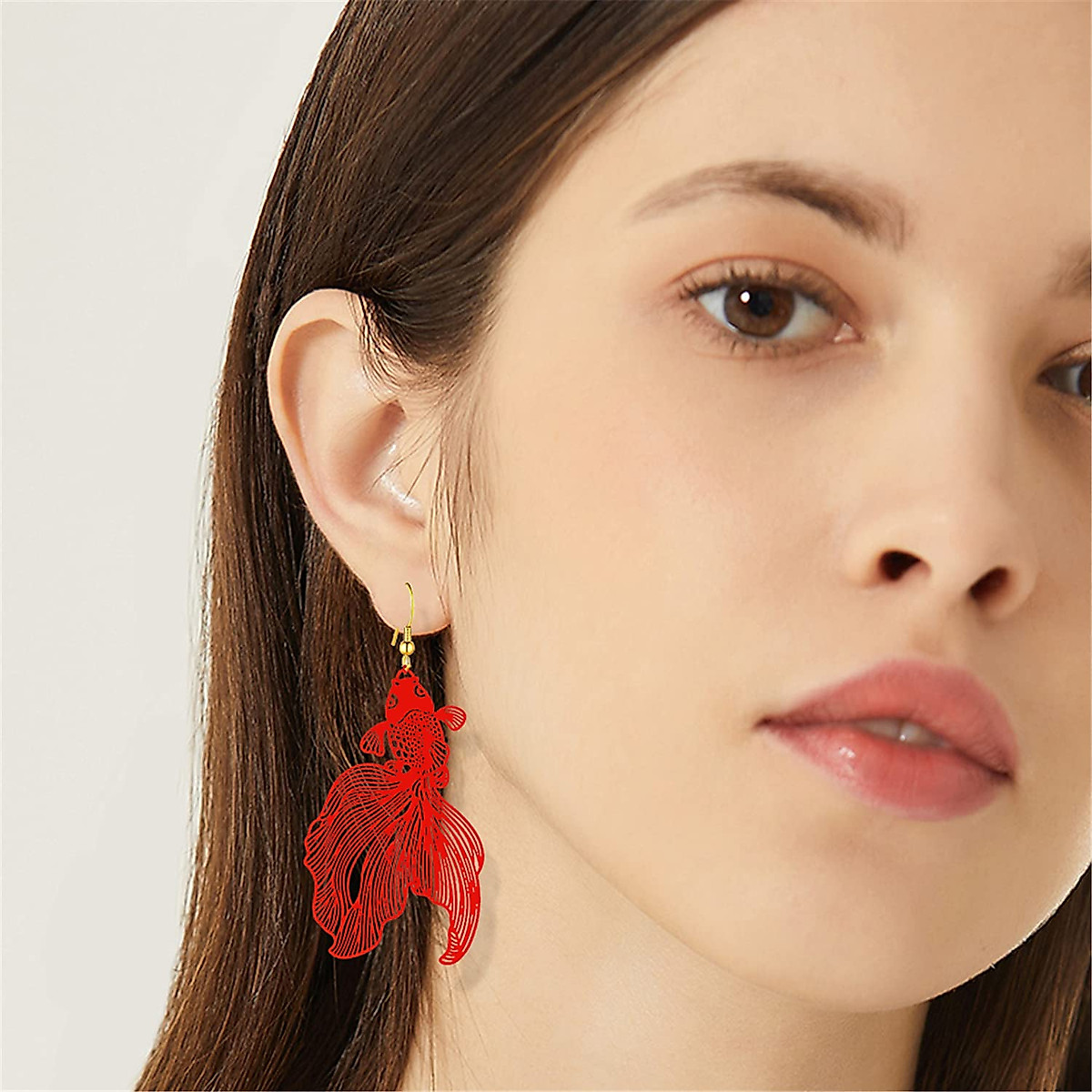 WUWEIJIAJIA Bohemian Lightweight Hollow Goldfish Dangle Drop Earrings Unique Long Tropical Fish Earrings for Women (Red)