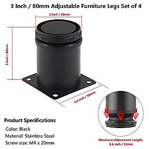 Qjaiune Adjustable Furniture Legs 3 Inch / 80mm Sofa Legs Set of 4, 2 Inch Dia Round Stainless Steel Metal Cabinet Feet Couch Foot Replacement for Chair Dresser & Coffee Table DIY (Black)