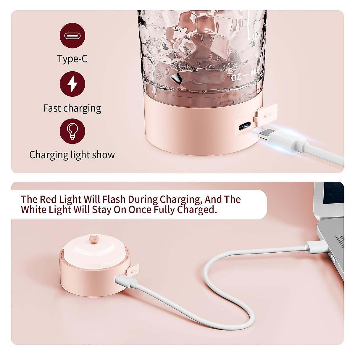 FANS-ONE Electric Protein Shaker Bottle, 24oz Lockable Electric Blender Cup, Tritan USB Rechargeable Protein Shake Mixer, Blender Shaker Cups for Protein Shakes, Pink