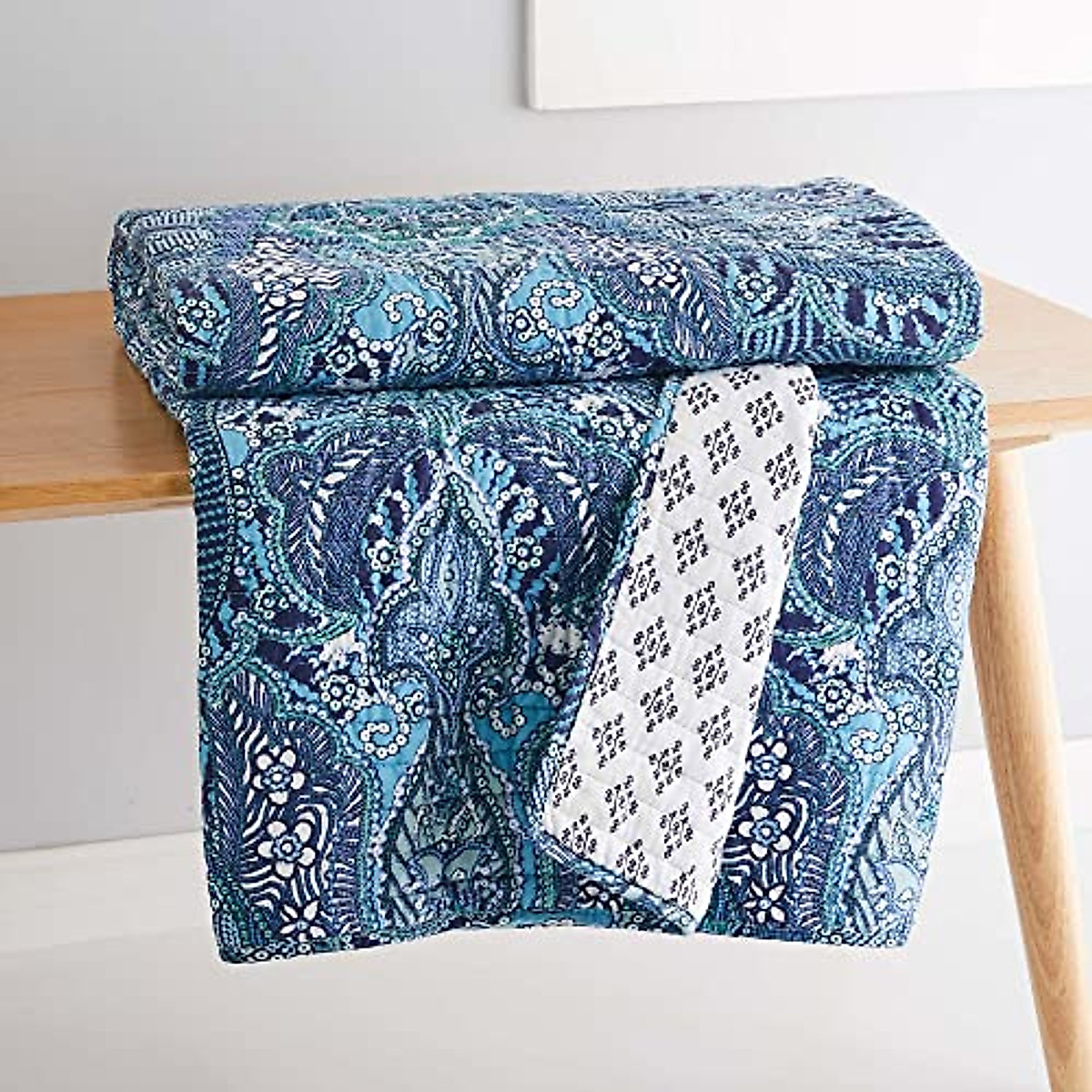 Levtex Home - Bellamy Teal - Throw - Regal Damask Design - Blue, Navy, Teal and White - Quilt (50x60in.) and Sham 50x60in. - Cotton/Cotton