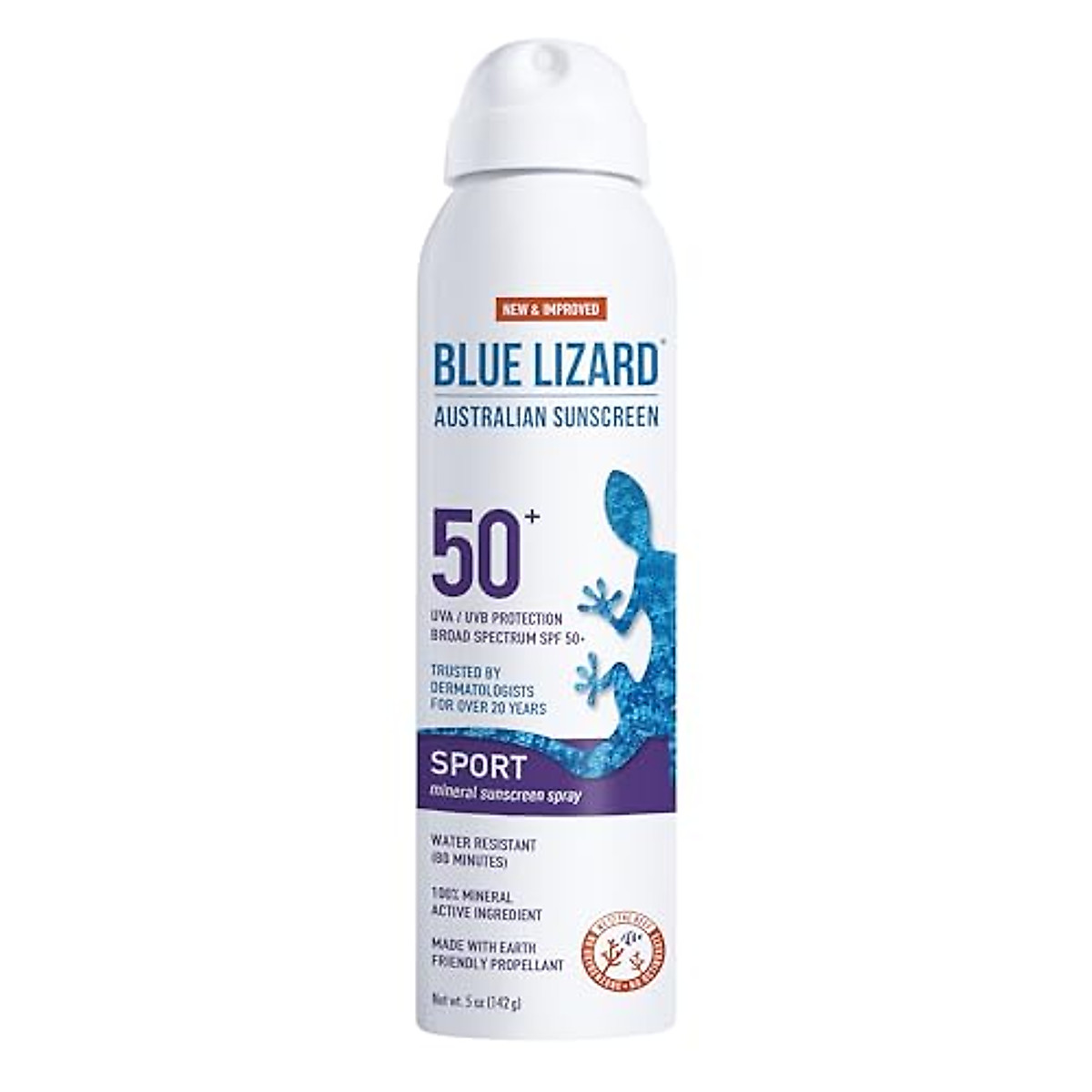 BLUE LIZARD Sport Mineral Sunscreen Spray SPF 50+, Dermatologist-Recommended Brand, Broad-Spectrum UVA/UVB Protection, Water-Resistant, Zinc Oxide Formula, Vegan, 5 fl oz