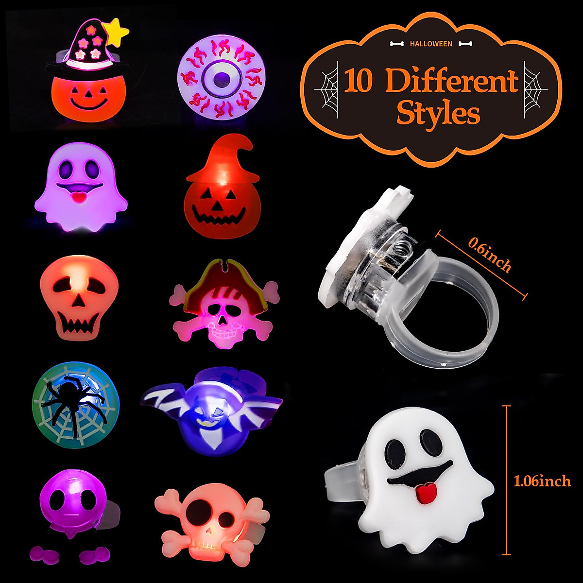 Ouddy Life 50Pcs Halloween Light up Rings for Kids, Glow in the Dark LED Flash Finger Lights Non-Candy Fillers Toys for Trick or Treat Prizes Party Favors Goodie Bag Stuffers