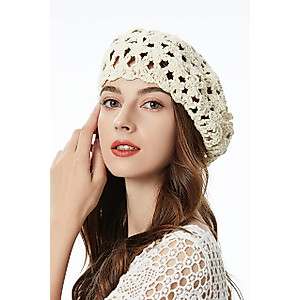 ZLYC Women Cotton Slouchy Crochet Beret Handmade Cutout Floral Beanie Hat (Beige)