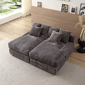 NDPQN Oversized Luxe Double Chaise Sleeper Sofa, Comfortable Cloud Couch Soft Fluffy Corduroy Upholstery with Square Armrests & Removable Back Cushioned for Living Room Bedroom (Grey, 74.8 inch)