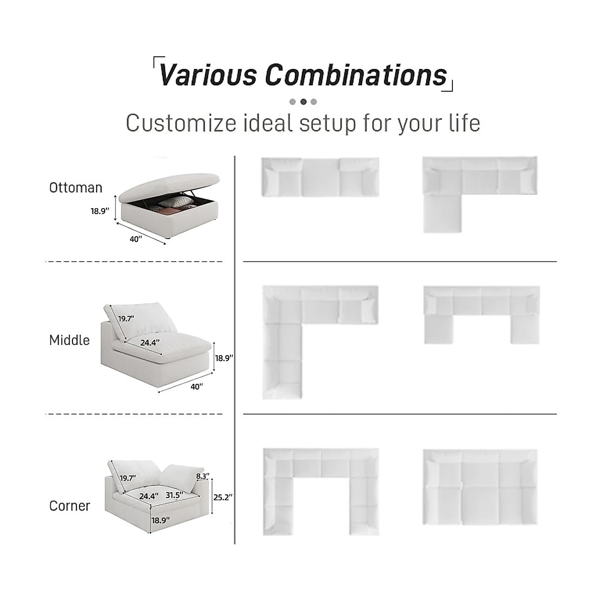 Cloud Modular Sectional Sofa,Large Down Filled Comfort V Shaped Sofa Couch for Living Room,Minimalist Wide Deep Seat Convertible Couches for Office Apartment,4 Seater and 1 Corner,White