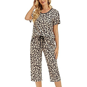 LOCUBE Women's Pajama Sets Soft Comfy Pj Set Short Sleeve Tops and Capri Pants with Pockets (#9 Leopard, Medium)