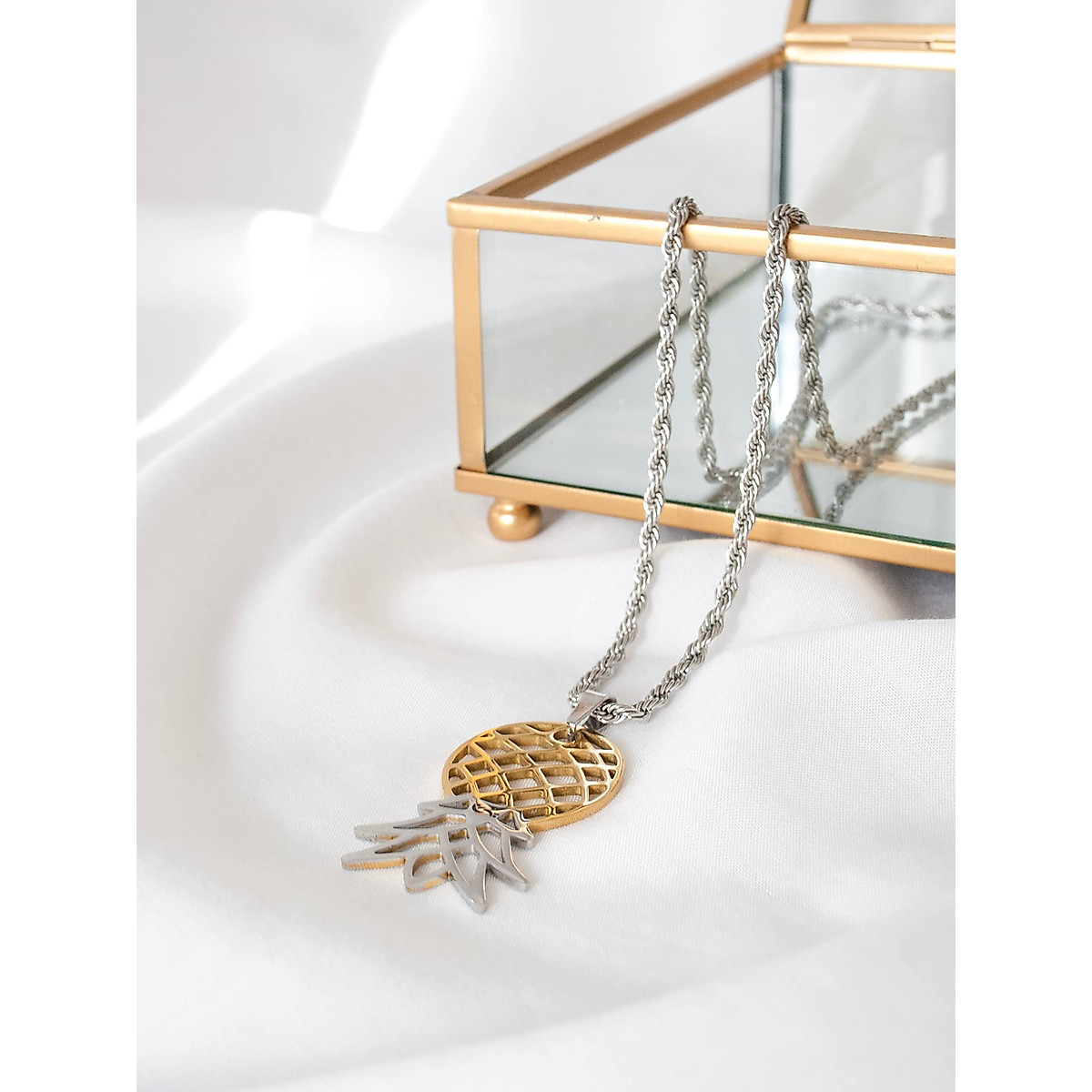 Partners ID Upside Down Pineapple Charm Necklace Chain, Durable Stainless Steel, 18" Silver Rope