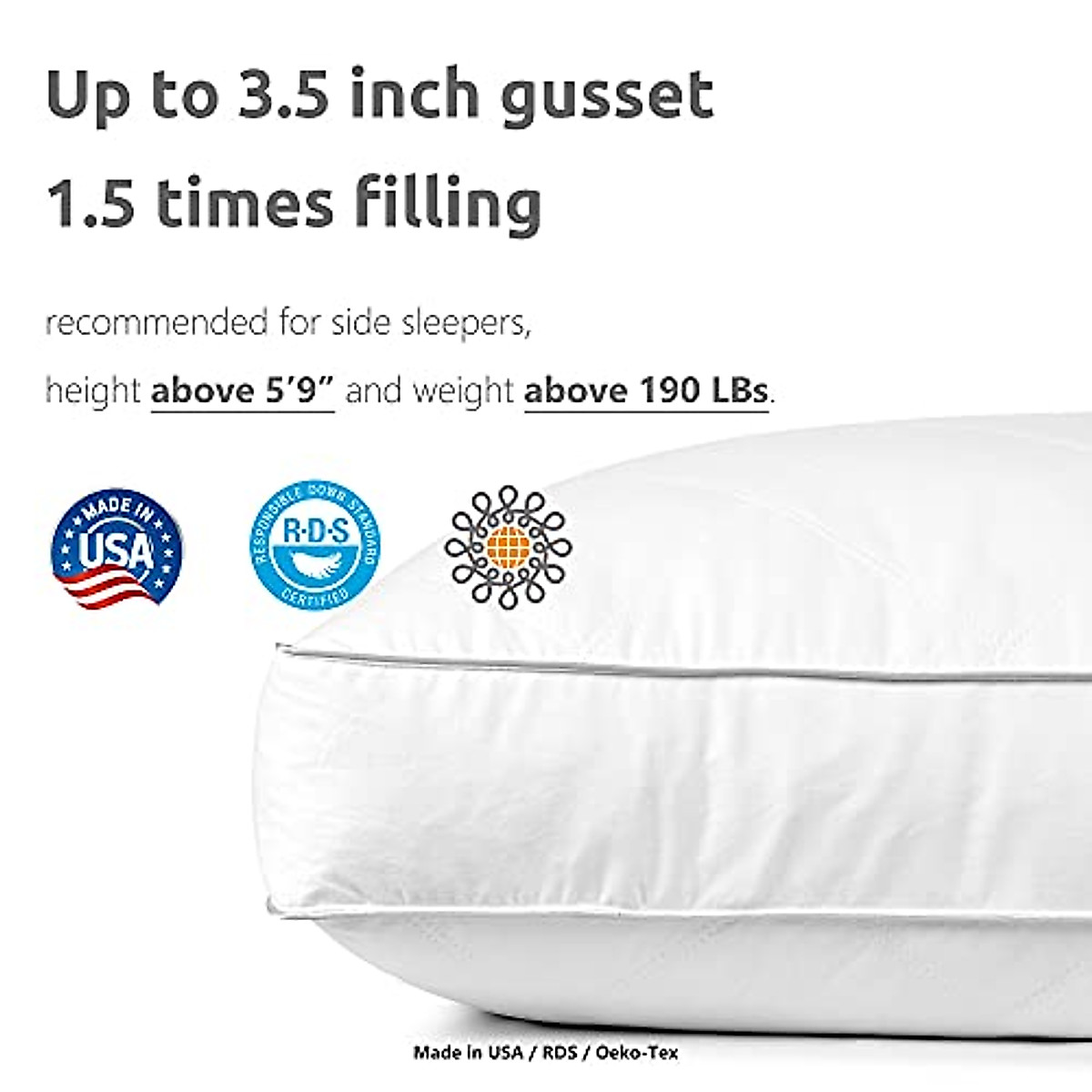 Dreamhood Extra Firm King Size 3.5" Gusseted Bed Pillow for Side Sleepers, Bring Better Sleeping Experience for Side Sleepers, Made in USA, 1 Pack, 18 x 34 Inches