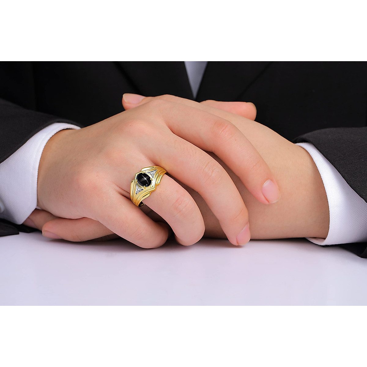 Rylos Simply Elegant Beautiful Black Star-Sapphire & Diamond Ring * Size 8