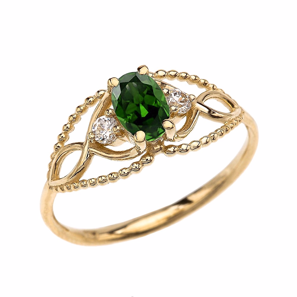 10k Yellow Gold Elegant Beaded Solitaire Ring With May Birthstone Green CZ and White Topaz(Size 11.25)