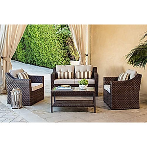 SOLAURA Patio Furniture Set Outdoor Conversation Set All Weather Wicker Furniture 4 Pieces Sectional Sofa Set with Tempered Glass Coffee Table-Brown