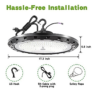 BFT 300W UFO LED High Bay Light 45,000LM 5000K Dimmable (0-10V) 5' US Plug - Commercial Shop Lights for Garage Gym Factory and Low Bay Area Warehouse Lighting Fixture