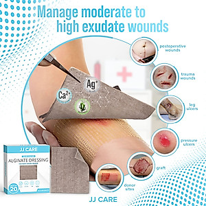 JJ CARE Silver Calcium Alginate Wound Dressing (Pack of 20) 4x5, Calcium Alginate Wound Dressing, Individually Packed Calcium Alginate, Highly Absorbent Silver Wound Dressing