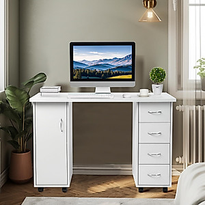 Knocbel Computer Desk Manicure Nail Table with Four Drawers and A Cabinet, with Wheels for Flexible Use, Sturdy Wooden Construction, Large Storage Space, 47.2" L x 21.3" W x 31.9" H White