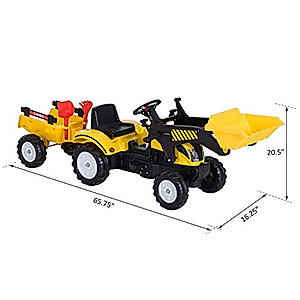 Aosom Kids Ride-On Excavator, Pedal car Bulldozer Move Forward/Back with Real Working Dirt Bucket, 6 Wheels, & Cargo Trailer