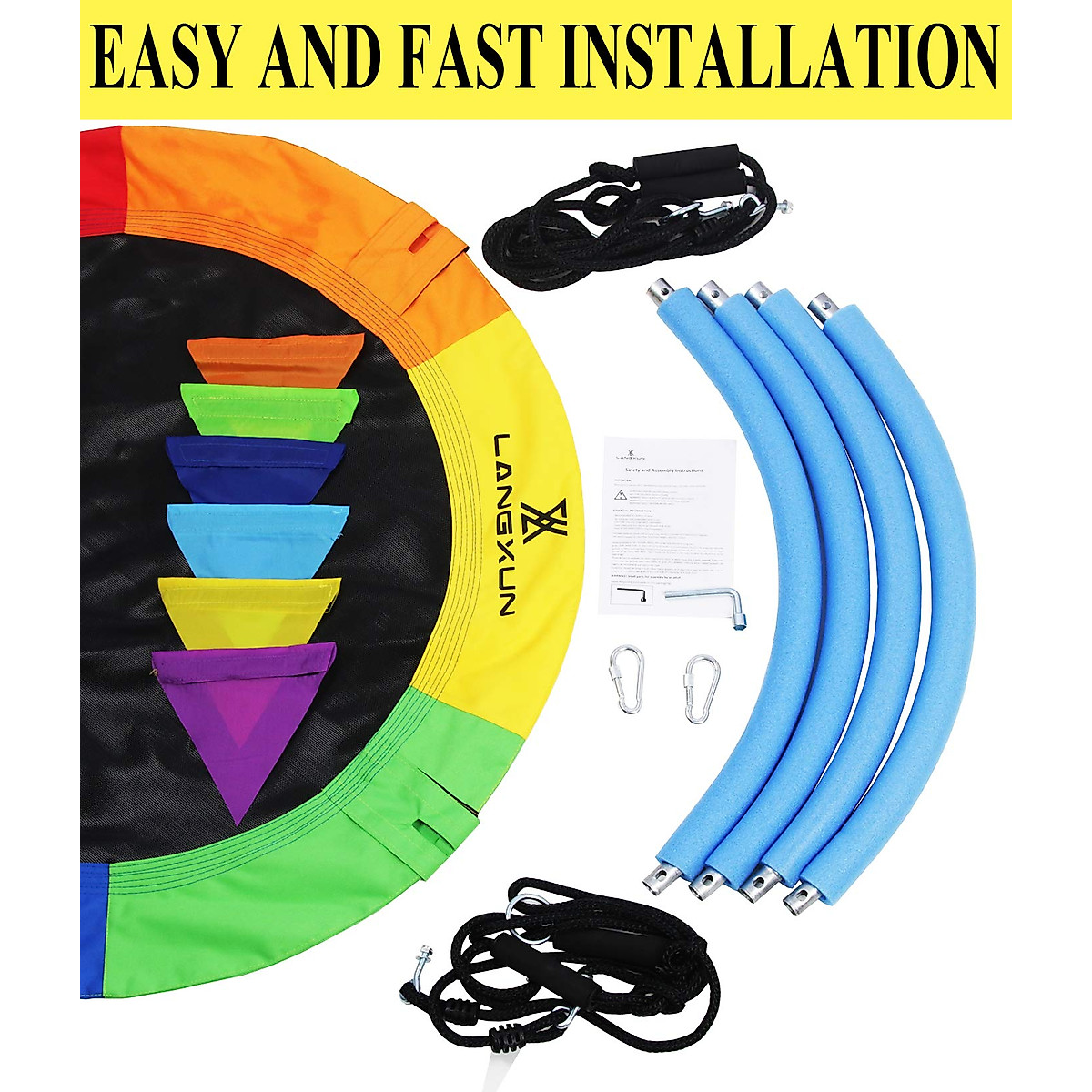 LANGXUN 40 Inch Rainbow Saucer Tree Swing for Kids and Adults, with Carabiners and Flags, 700 lb Weight Capacity, Steel Frame, Waterproof, Outdoor Swing Sets for Backyard