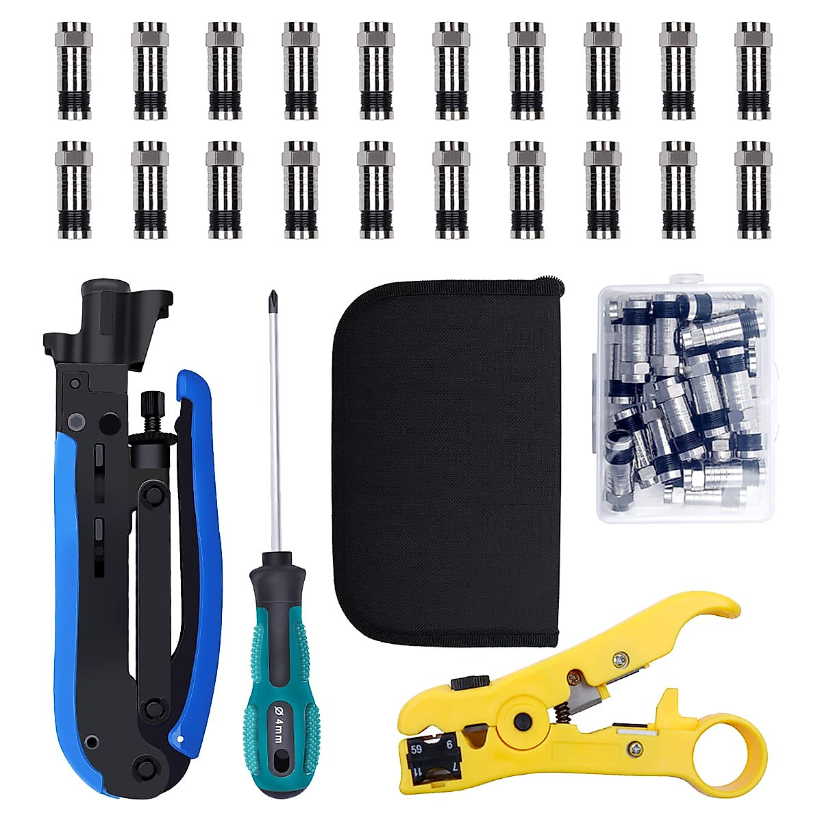 Zhushan Coaxial Compression Tool Kit,Coax Cable Crimper Set with 20 PCS F Compression Connectors, Adjustable RG6 RG59 RG11 75-5 75-7 Coaxial Cable Stripper