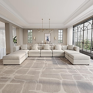 Miuuod 9 Seaters L/U Shape Oversized Convertible Sectional Sofa Couch for Living Room,5 Seats with 4 Ottomans L Shape Couch,Cozy Couches,Queen Velvet Extra Large Sofa Bed Beige,183.46" L