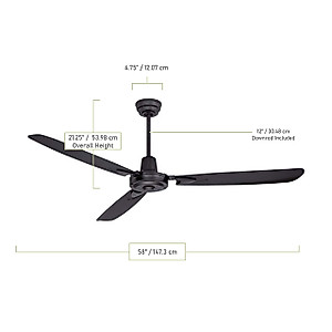 Craftmade VE58FB3 Velocity Aerodynamic Modern Industrial Heavy-duty 58" Ceiling Fan with Wall Control, 3 Blades, Flat Black