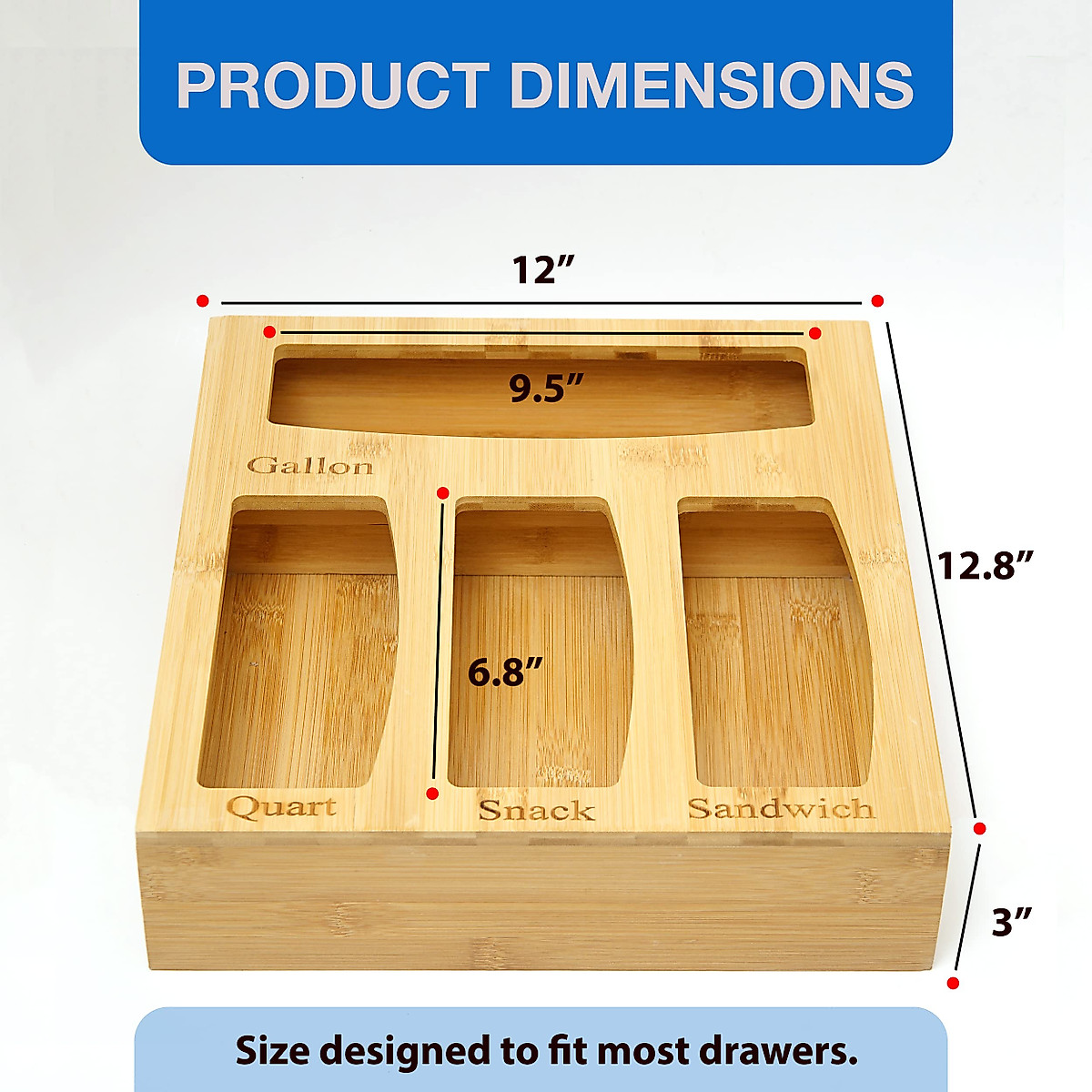 Matruxba Bamboo Ziplock Bag Organizer For Drawer, Premium Quality Plastic Bag Organizer Compatible With Ziploc, Solimo, Glad, Hefty For Gallon, Quart, Sandwich And Snack Variety Size Bags