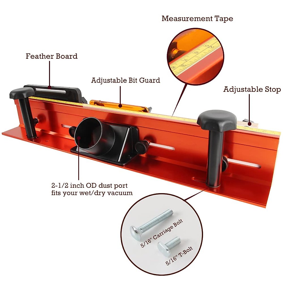 O'SKOOL 24 Inches Long Router Table Fence System with Feather Board, Bit Guard, Adjustable Stop and Dust Port