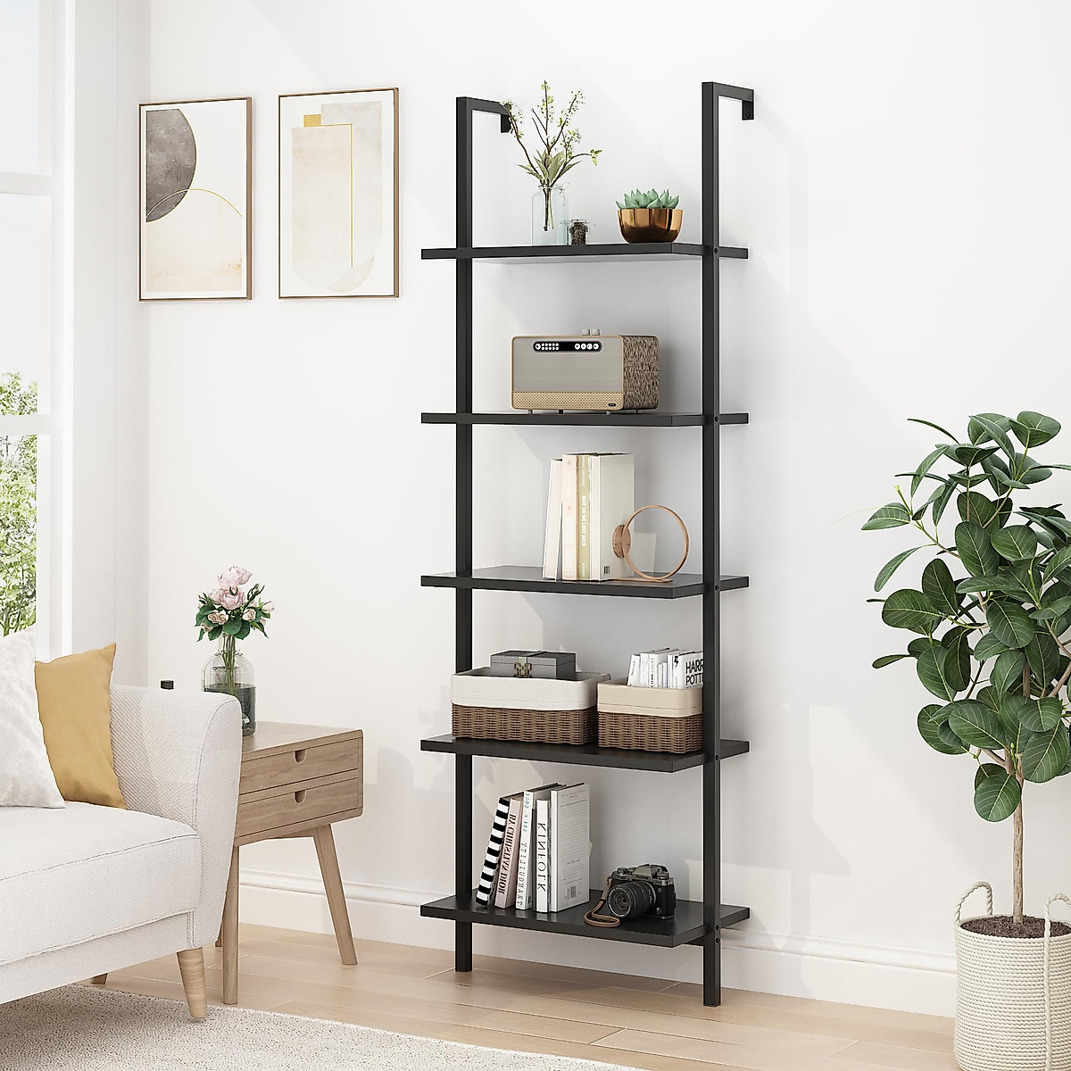Karl home Ladder Shelf 5 Tier Wall Mounted Bookcase with Metal Frame, Open Design Shelves for Living Room, Bedroom, Home, Dark Walnut (23.62" L x 11.81" W x 70.87" H)