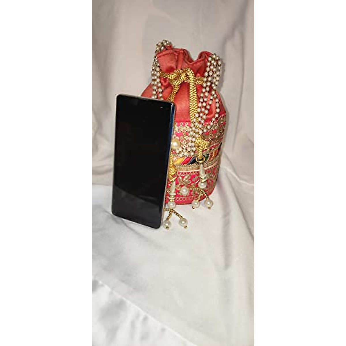 Hand embroidered art silk Potli handbags for Women. For Evening outing, wedding, and party Bag Purse with Drawstring. (Pink)