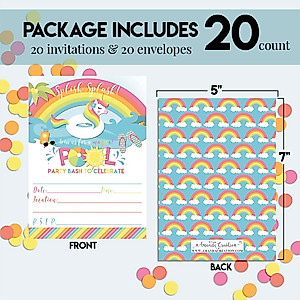 Unicorn Pool Float Rainbow Birthday Party Invitations, 20 5x7 Fill In Cards with Twenty White Envelopes by AmandaCreation