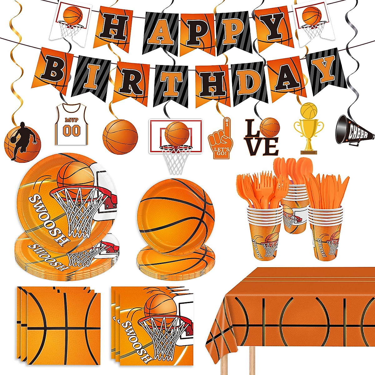 178 Pcs Basketball Theme Birthday Party Decorations Basketball Party Supplies Set Include Plates, Napkin, Cup, Fork, Knives, Spoon, Tablecloth, Banner for Kids and Adults, Serves 24 Guests