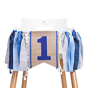 High Chair Banner Boy - First Birthday Decorations For Boy 1st Birthday Banner Highchair Party Supplies Photo Booth Props(Blue White)
