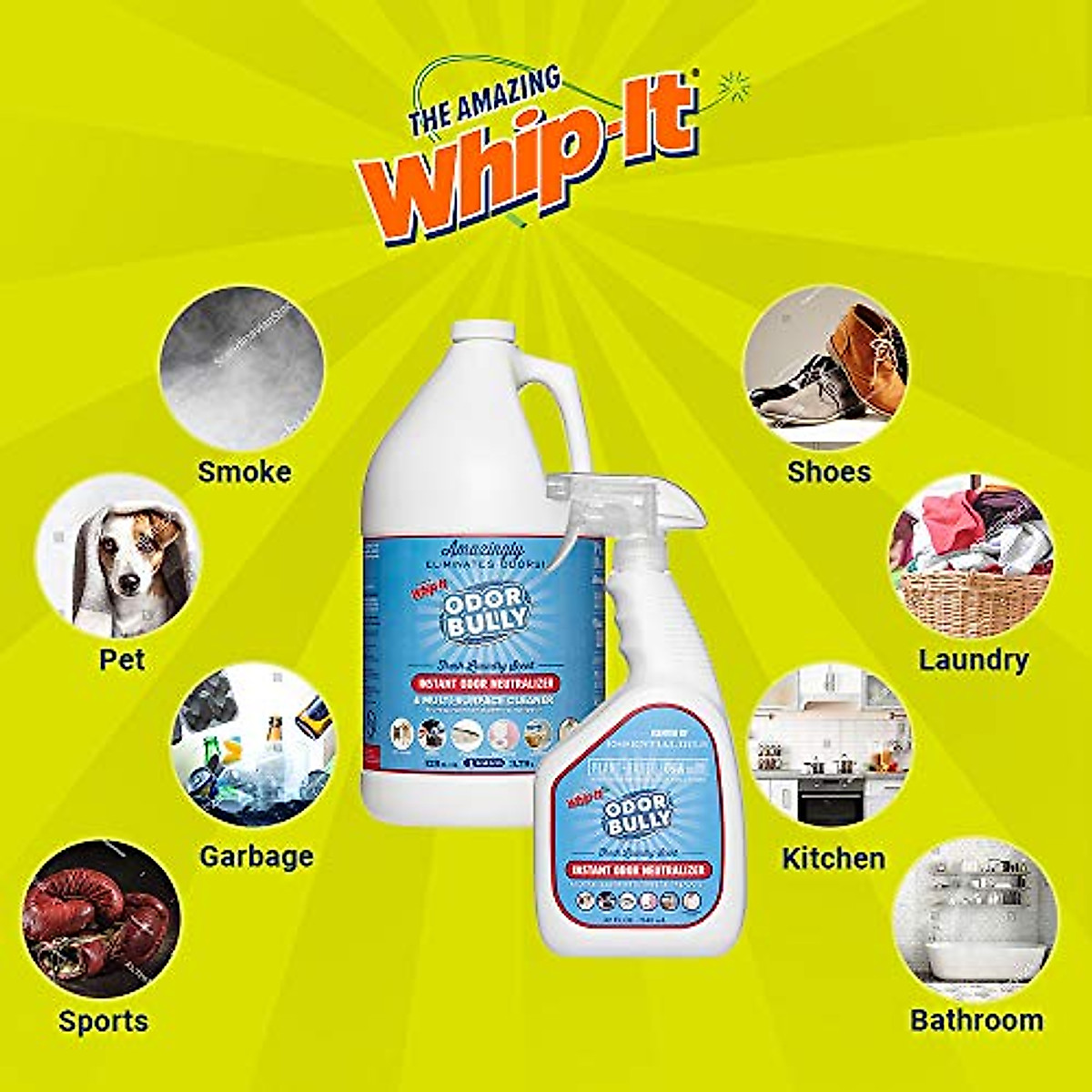 Whip-It Odor Bully Instant Odor Neutralizer Spray - Stain Remover and Odor Eliminator for Home and Car in One - Gallon and 32oz Spray