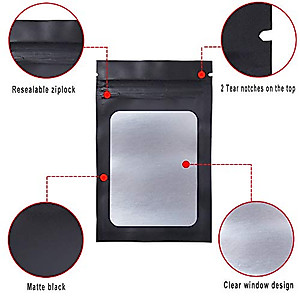 STUs 100 Pack Smell Proof Bags - 3 x 4.7 Inch Resealable Mylar Bags with Clear Window Foil Pouch Bag Flat Bag Matte Black