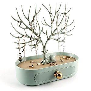 MORE&LESS Antlers Jewelry Display Stand with Aluminium alloy handle, Tree Tower Rack Hanging Organizer for Ring Earrings Necklace Bracelet, Deer Horn Tree Stand with Storage Drawer and Tray