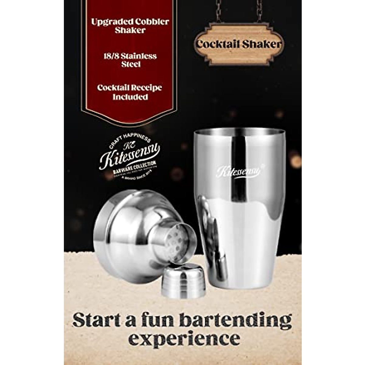 KITESSENSU Cocktail Shaker, 18oz Martini Shaker with Strainer, Premium 18/8 Stainless Steel Cobbler Drink Shaker, Recipes Booklet Included