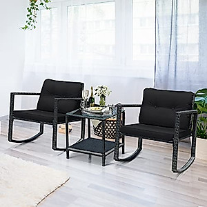 LIRUXUN 3PCS Patio Rattan Furniture Set Rocking Chairs Cushioned Sofa Black Rocking Chair