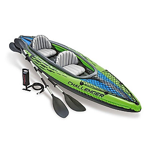 INTEX Challenger Inflatable Kayak Series: Includes Deluxe 86in Kayak Paddles and High-Output Pump – SuperStrong PVC – Adjustable Seat with Backrest – Removable Skeg – Cargo Storage Net