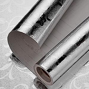 Oil Proof Kitchen Backsplash Wallpaper 15.7x196.8in/0.4x5m, Aluminum Foil Contact Paper, Peel and Stick Backsplash for Countertop, Kitchen Wall Sticker for Shelf (Silver)