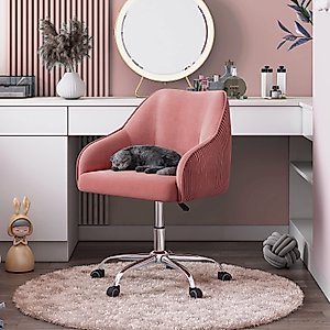 CAELUM Cute Pink Desk Chair for Teen Girl Kids, Home Office Computer Desk Chairs with Wheels and Arms, Comfy Velvet Fabric Swivel Rolling Task Chair Vanity Chair for Makeup Room, Bedroom, Living Room