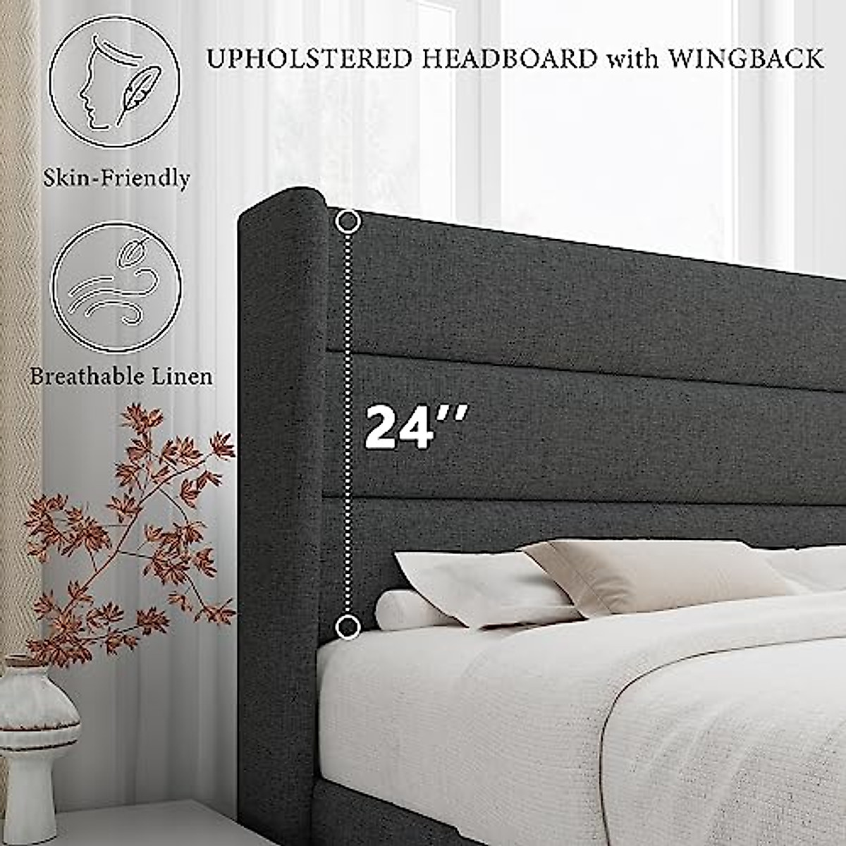 iPormis Full Size Bed Frame with Wingback, Modern Upholstered Platform Bed with 8'' Under-Bed Storage, Fabric Headboard, Wood Slats Support, No Box Spring Needed, Noise-Free, Easy Assembly, Dark Gray