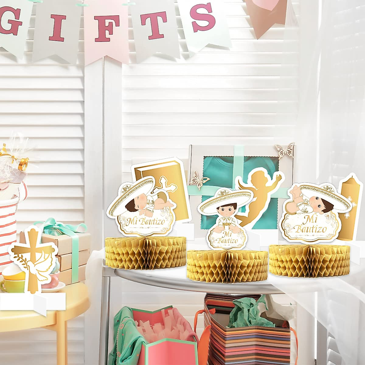 Mi Bautizo Decorations-First Communion Honeycomb Centerpieces Double Sided Table Toppers for Boy Baptism Party Decor Christening 3D Table Toppers God Bless First Communion