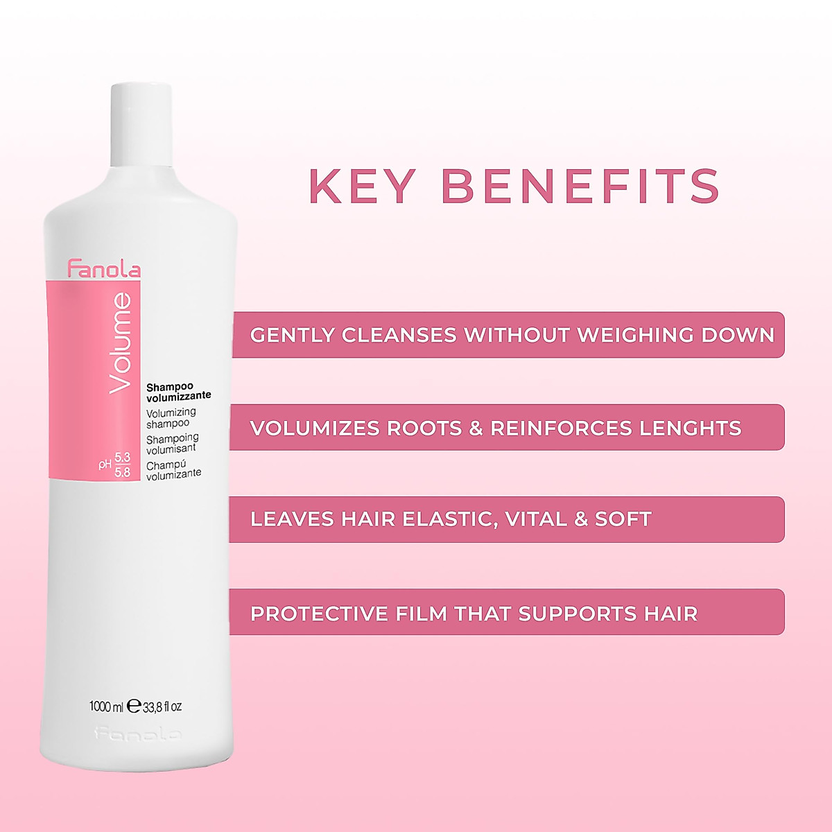 Fanola Volumizing Shampoo - Gently Cleanses & Adds Volume to Roots - Lightweight Formula Enriched with Panthenol - Reinforces & Supports Fine & Thin Hair (33.8 Fl oz)