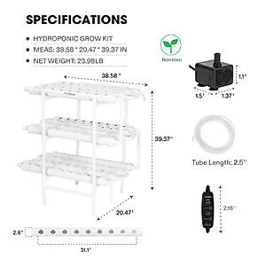 VIVOSUN Hydroponics Growing System 108 Plant Sites, 3 Layers 12 Food-Grade PVC-U Pipes Gardening System Grow Kit with Water Pump Timer, Nest Basket and Sponge for Leafy Vegetables